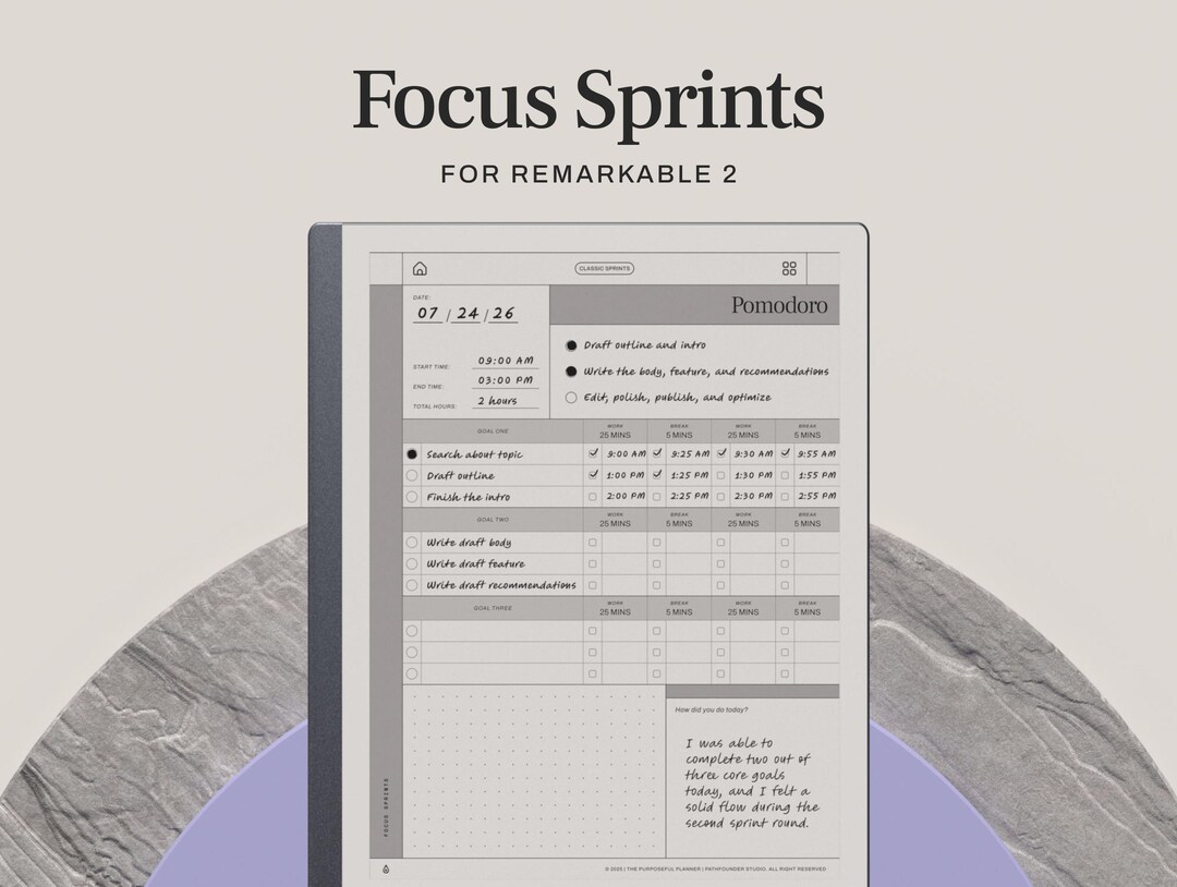 Focus Sprint Tool for Remarkable 2 | Pomodoro Planner Template and ...