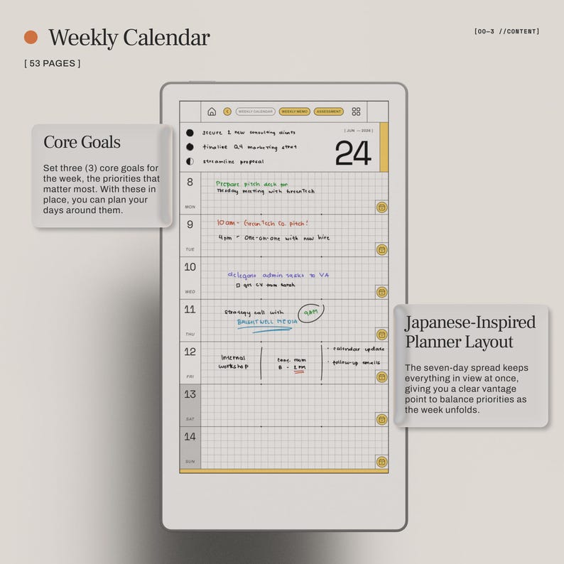 Weekly Planner for Remarkable Paper Pro Move | Hobonichi Inspired 52 ...