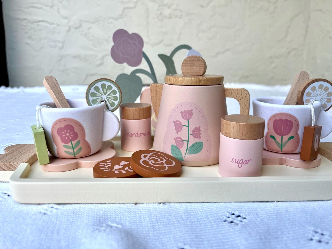 Personalized Wooden Tea Party Play Set, Custom Tea Set Toy for Toddlers ...