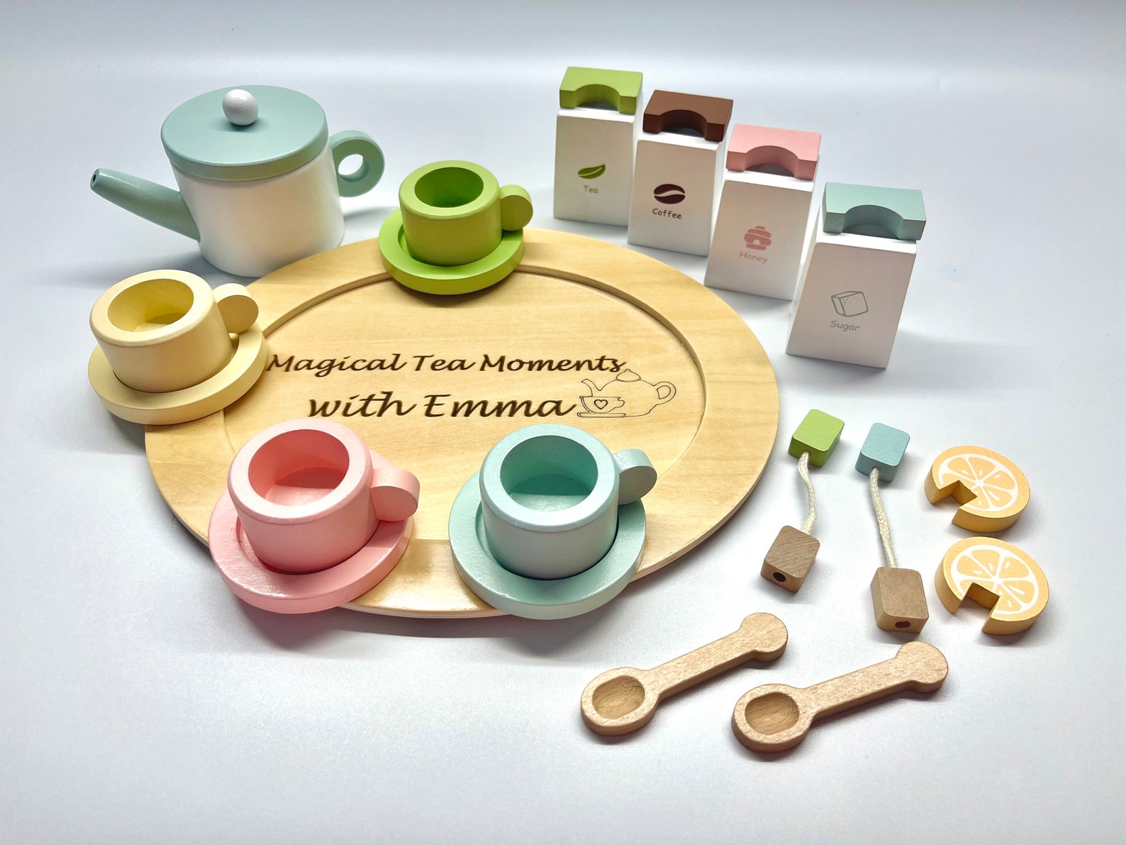 Personalized Wooden Afternoon Tea Play Set, Engraving, Pretend Tea ...