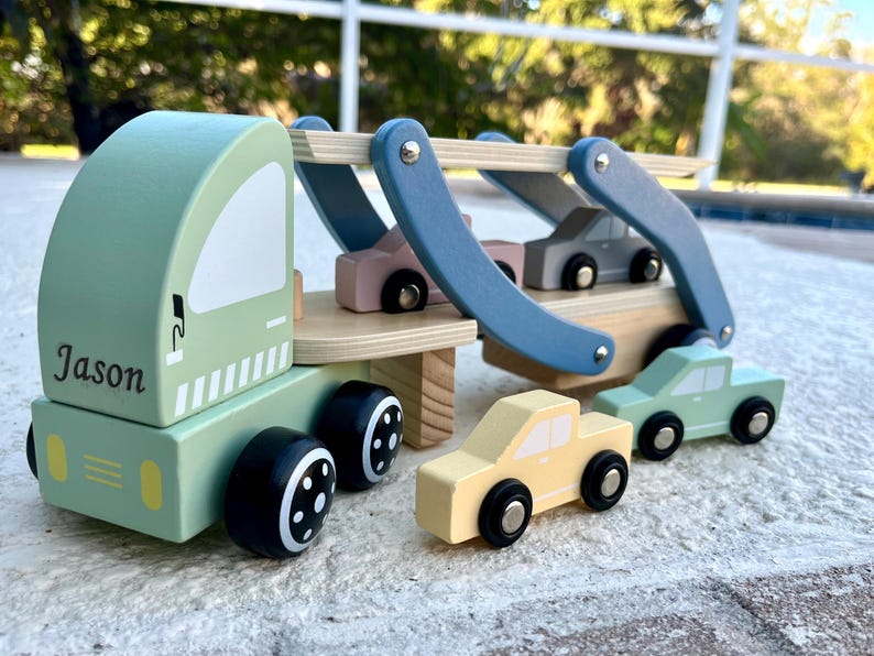 Personalized Wooden Car Carrier Truck Toy Montessori Vehicle Playset ...