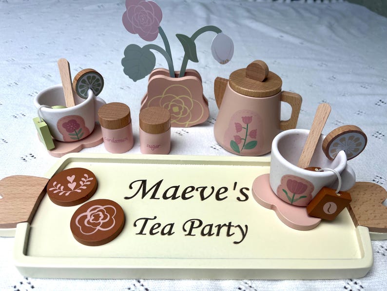 Personalized Wooden Tea Party Play Set, Custom Tea Set Toy for Birthday ...