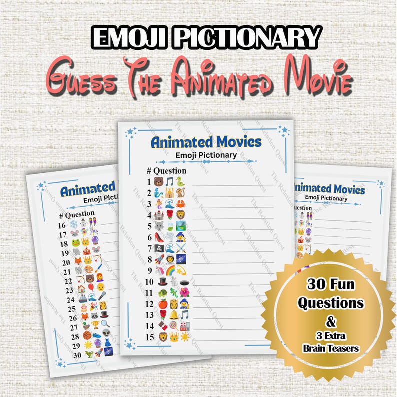 Animated Movie Game Emoji Pictionary 30 Questions & 3 Special Rounds ...