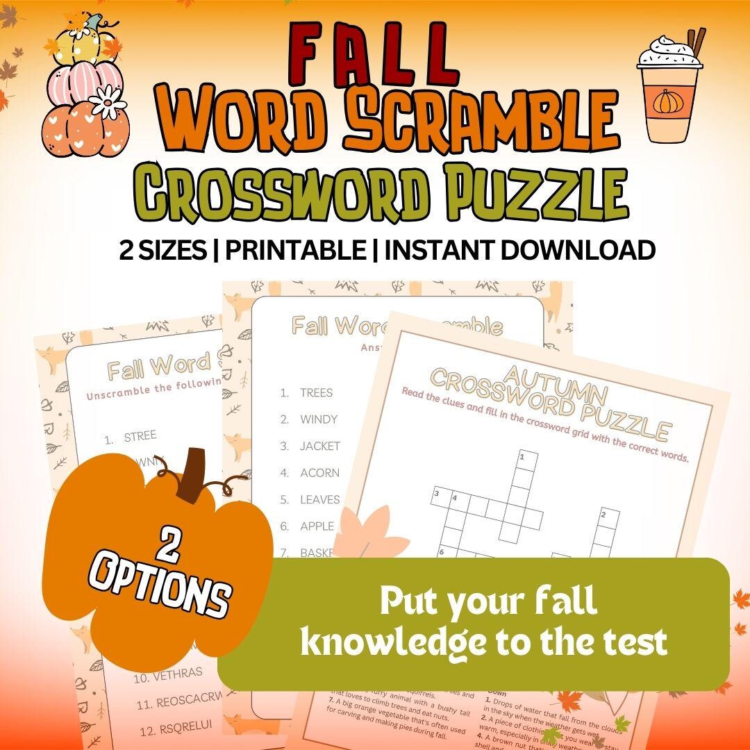 Fall Party Game, Autumn Word Scramble, Crossword Puzzle Printable ...