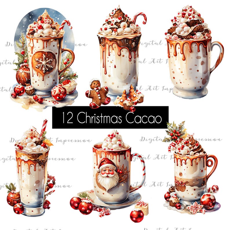 Watercolor Illustrations, 12 Digital Clipart Christmas Coffee Cocoa ...