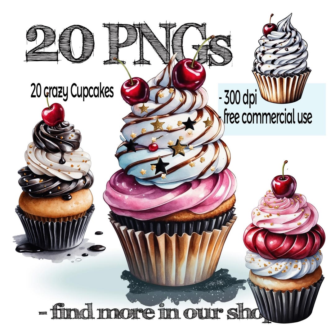 20 Digital Clipart Watercolor Illustrations, 20 Cupcake Digital Images ...