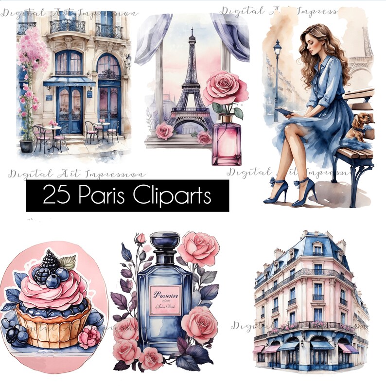 Watercolor Illustrations, 25 Digital Cliparts, Beautiful Paris, 2000 X ...