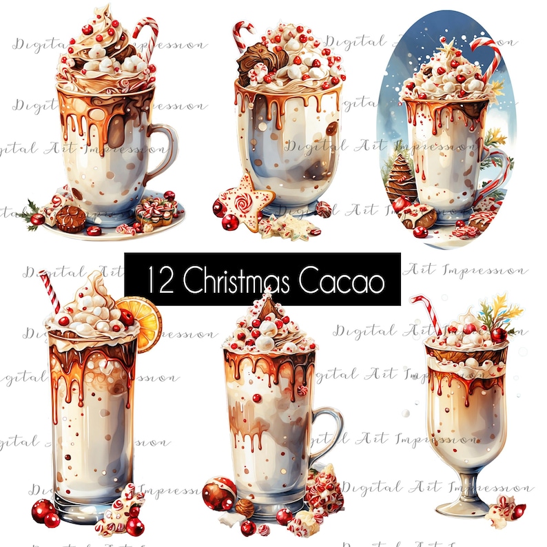 Watercolor Illustrations, 12 Digital Clipart Christmas Coffee Cocoa ...