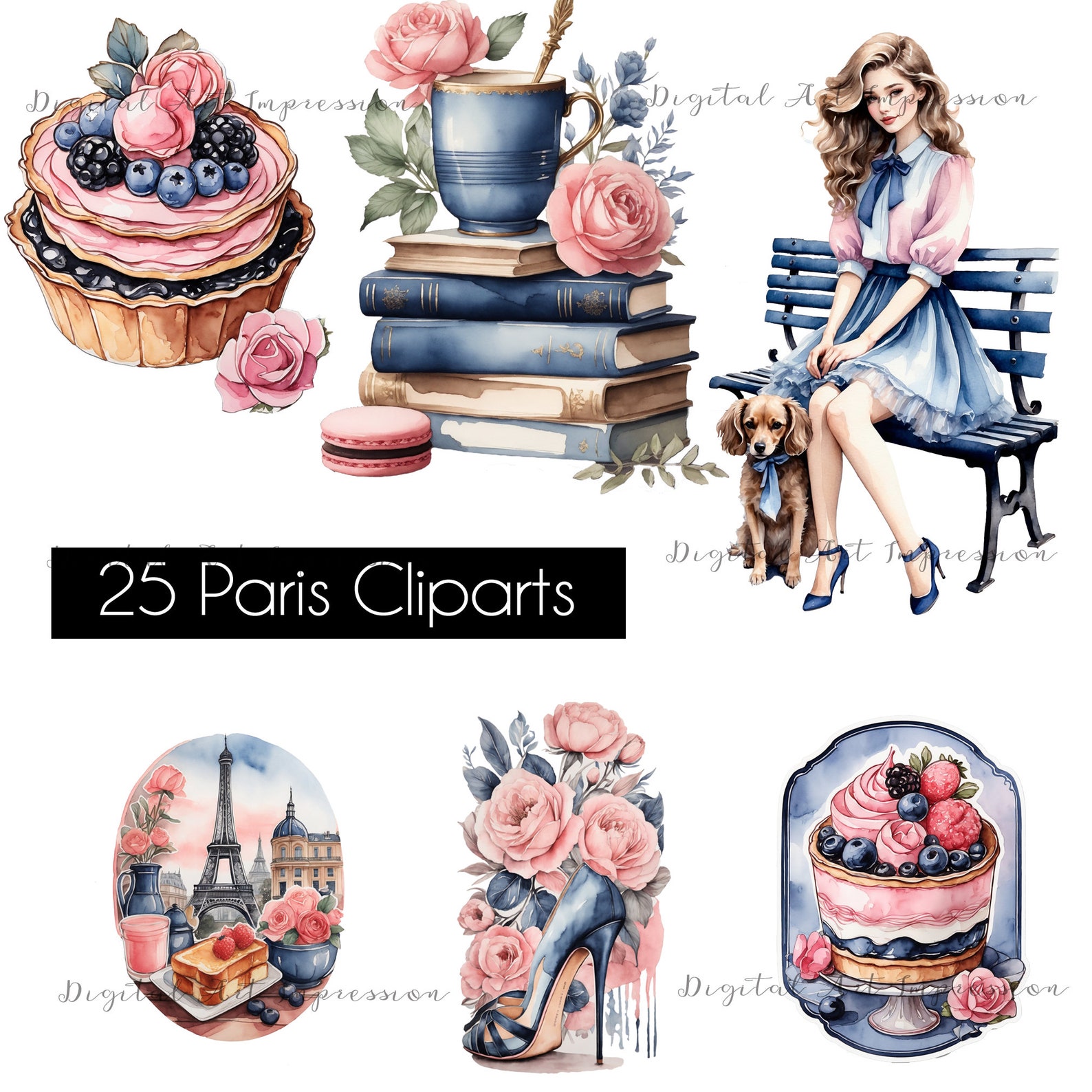 Watercolor Illustrations, 25 Digital Cliparts, Beautiful Paris, 2000 X ...