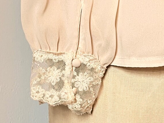 1980s Ivory Chiffon & Lace Neo-Edwardian Blouse - hig… - Gem