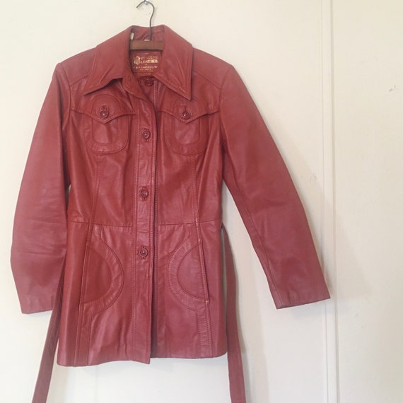 1970s Ochre Clay Leather Belted Trench Coat - western… - Gem