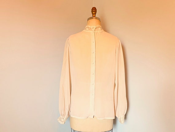 1980s Ivory Chiffon & Lace Neo-Edwardian Blouse - hig… - Gem