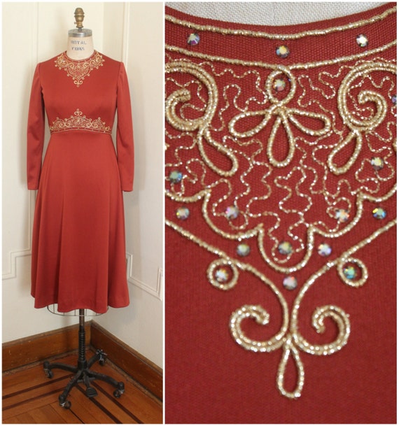 vintage 1970s Orange Rust Hostess Dress embellished w… - Gem