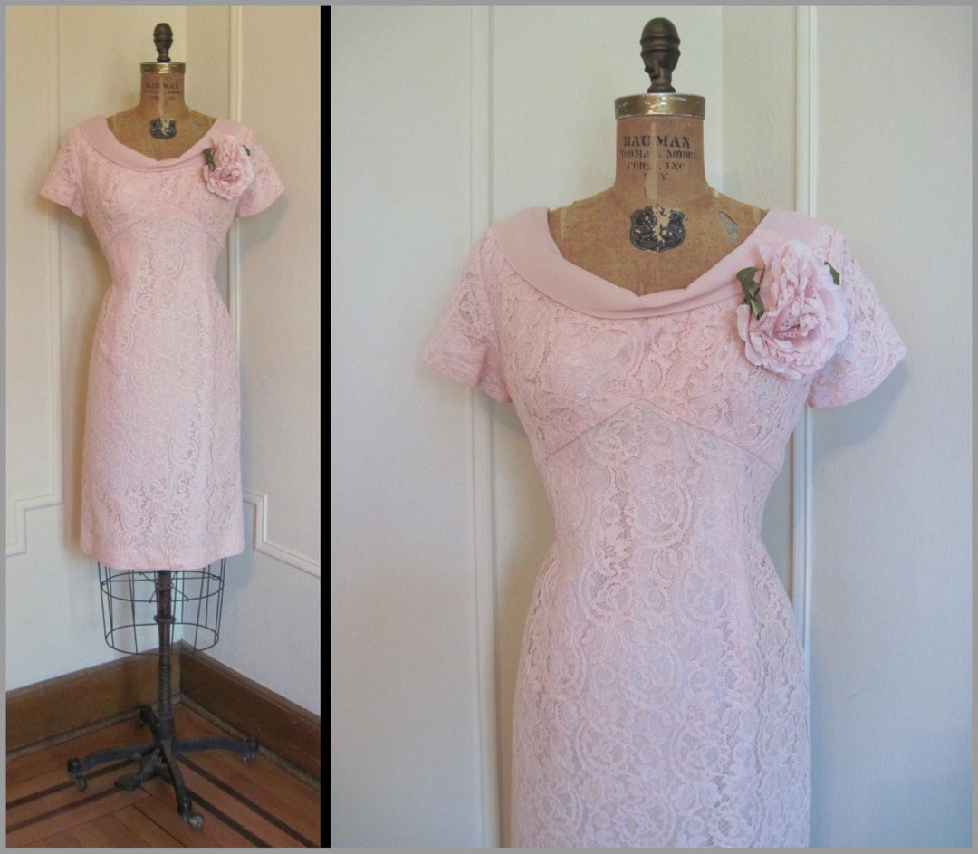 Vintage 1960s Pale Pink LACE Bombshell Dress With HUGE Cabbage Rose ...