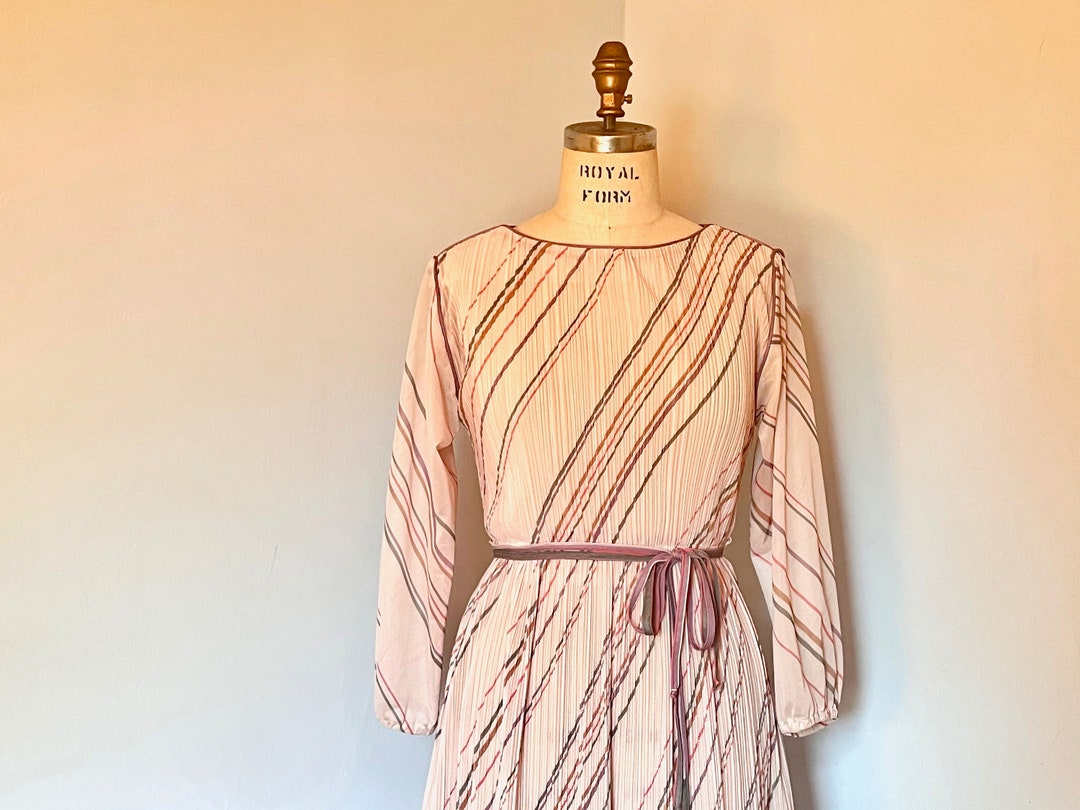 1970s Sheer Sandy Beige Striped Peasant Dress - Hal Ferman - Moss Green ...