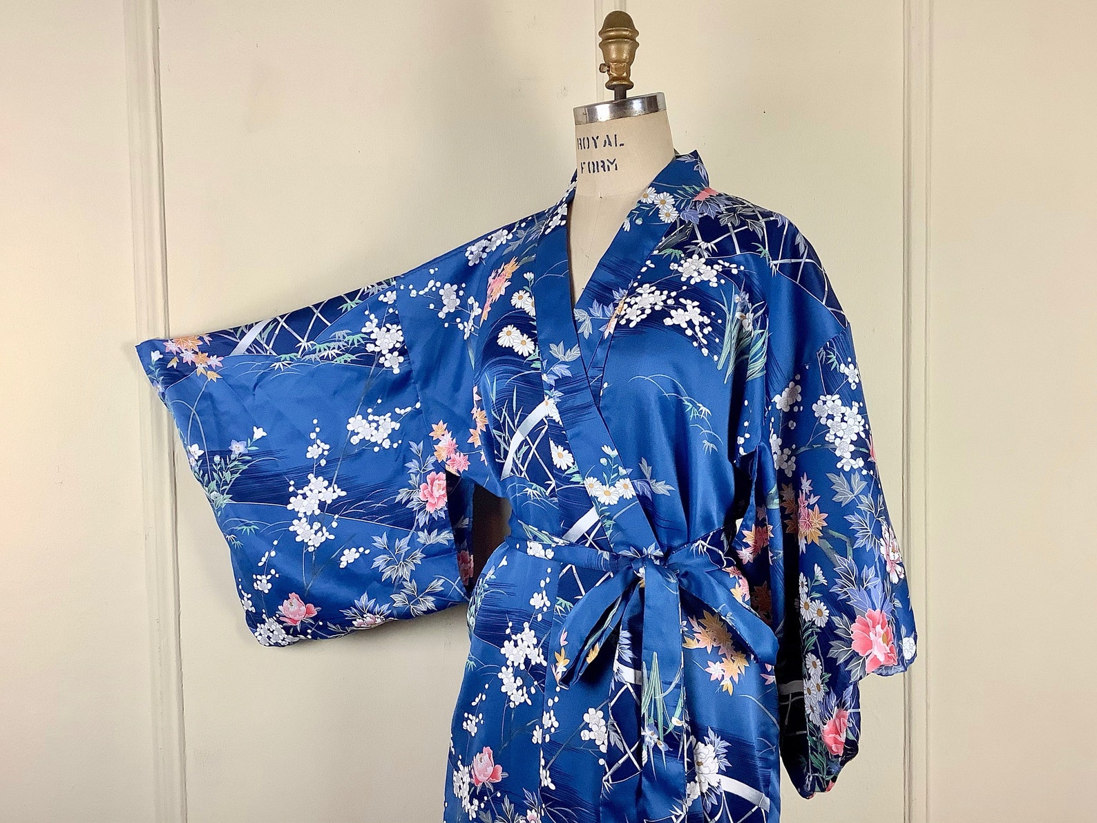 The Blue Kimono, Vintage Silky Blue Floral Robe - With Lilies + Dogwood ...