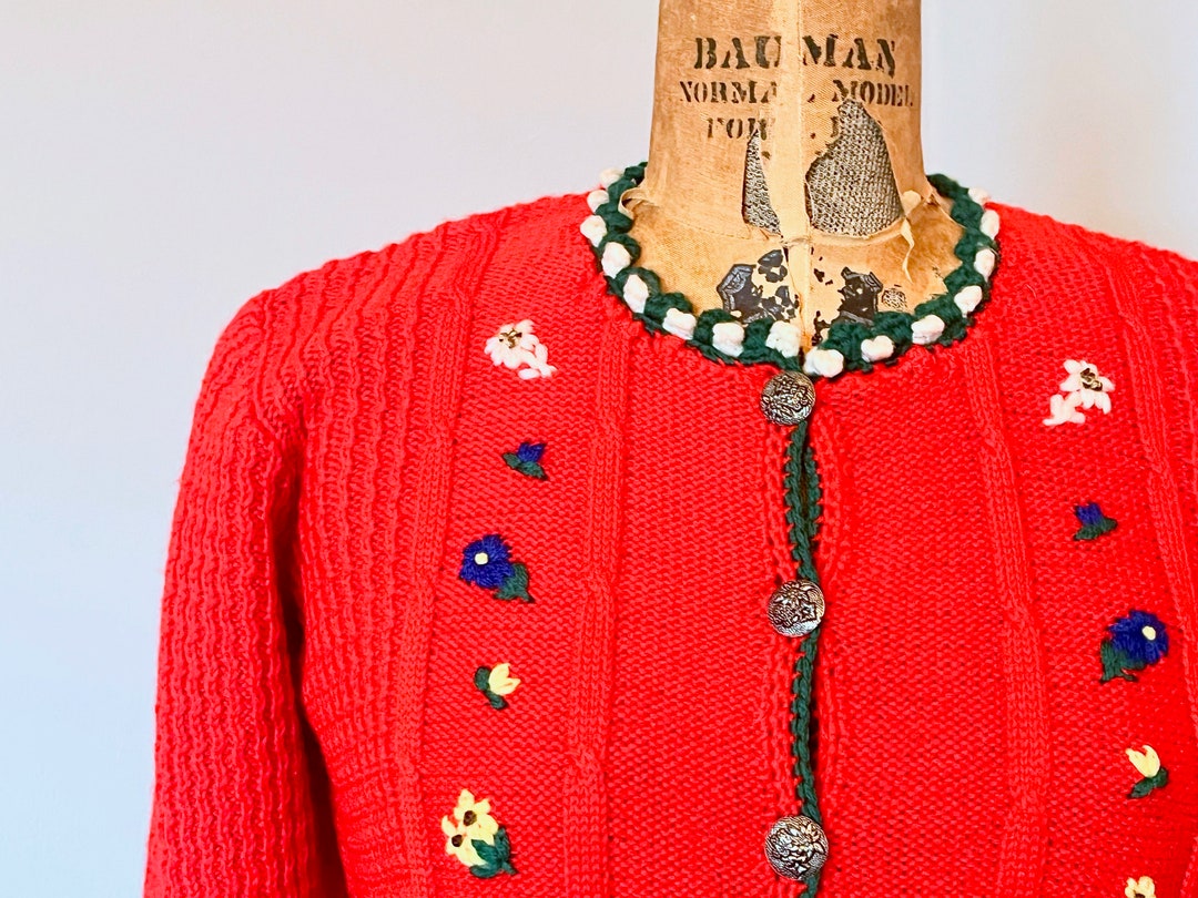 1950s AUSTRIAN FOLK Cardigan - Vintage WOOL Button up Sweater - Red ...