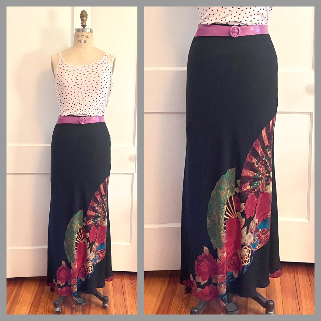 1990s Dark Floral & Fans SILK Maxi Skirt - Mermaid Flair, Hip Hugger ...