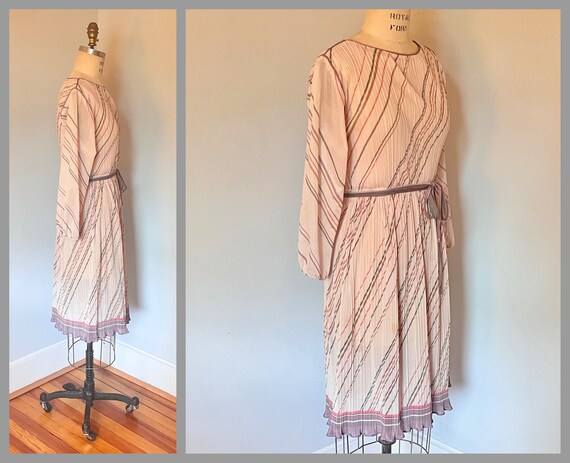 1970s sheer sandy beige striped peasant dress - Hal F… - Gem