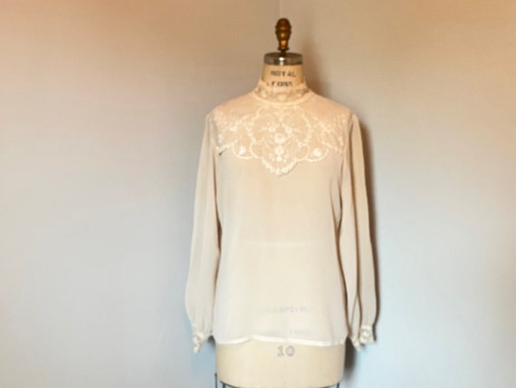 1980s Ivory Chiffon & Lace Neo-Edwardian Blouse - hig… - Gem
