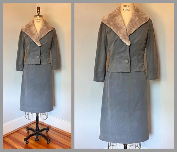 1940-50s slate gray VELVET Tailored Suit with DrAmAtI… - Gem