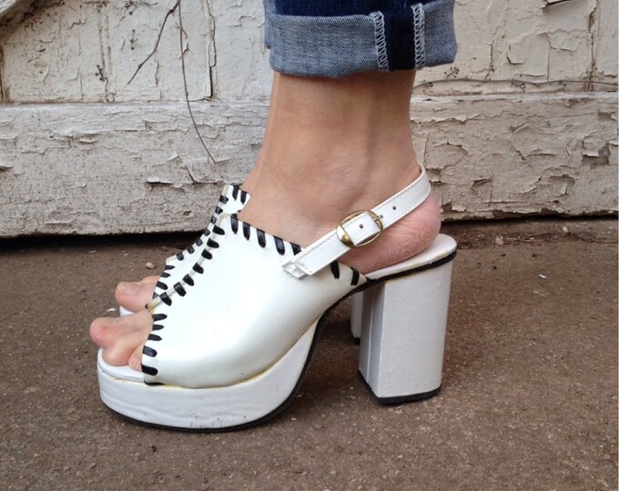 Size 6, Vintage 70s White Platform Shoes - Skyscraper Heels -black ...
