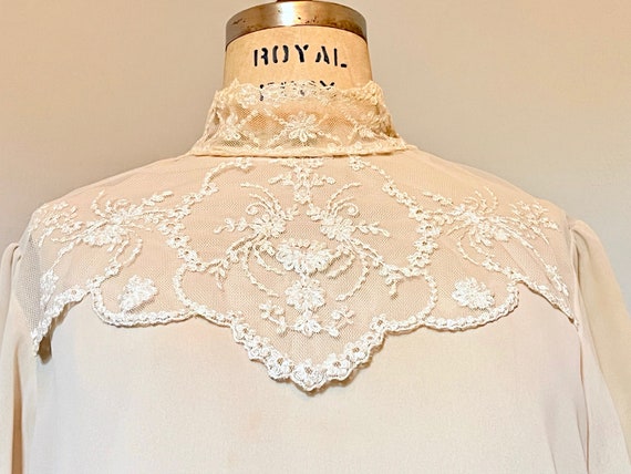 1980s Ivory Chiffon & Lace Neo-Edwardian Blouse - hig… - Gem