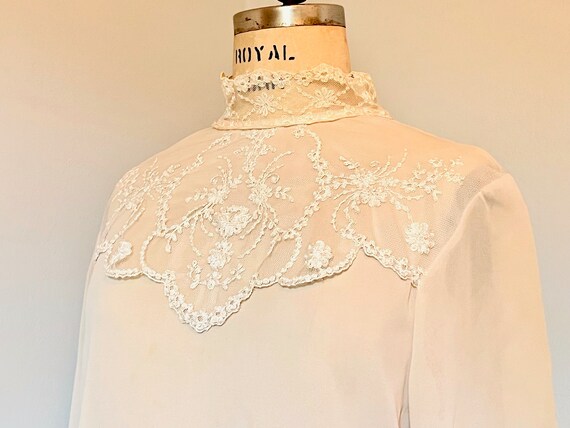 1980s Ivory Chiffon & Lace Neo-Edwardian Blouse - hig… - Gem