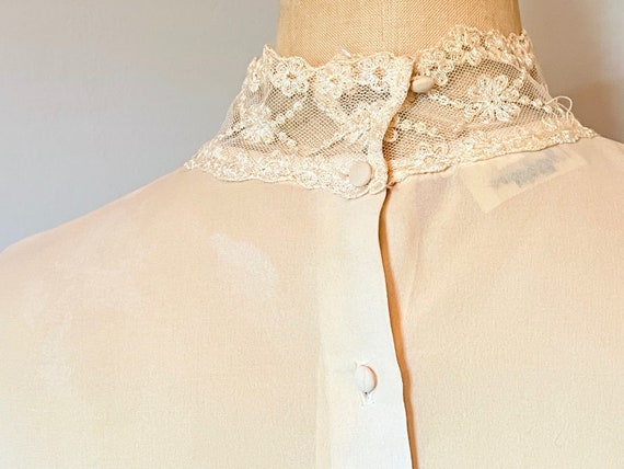 1980s Ivory Chiffon & Lace Neo-Edwardian Blouse - hig… - Gem