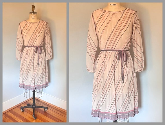 1970s sheer sandy beige striped peasant dress - Hal F… - Gem