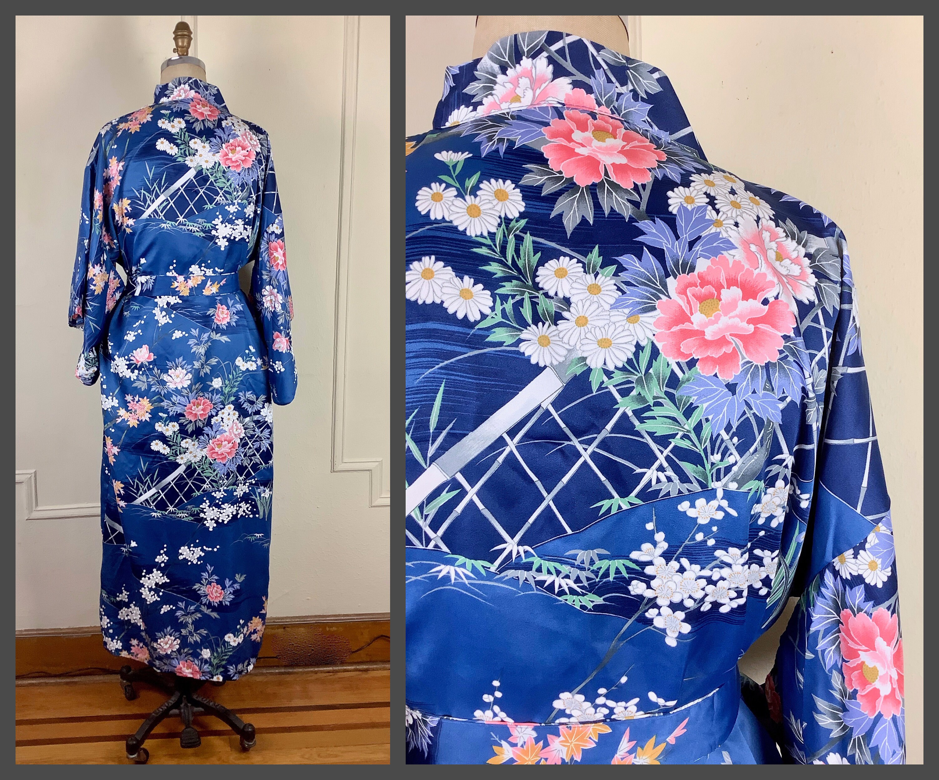 The Blue Kimono, Vintage Silky Blue Floral Robe - With The Blue Kimono, Vintage Silky Blue Floral Robe - With