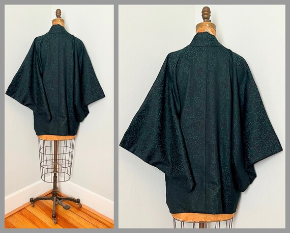 vintage Japanese Black & Green Brocade Short Robe / K… - Gem