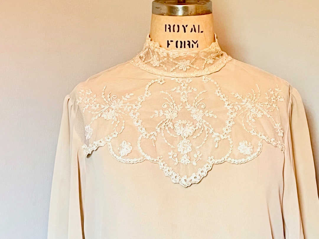 1980s Ivory Chiffon & Lace Neo-edwardian Blouse - High Neck, Semi-sheer ...