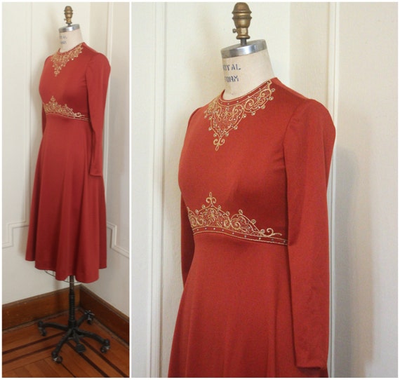 vintage 1970s Orange Rust Hostess Dress embellished w… - Gem