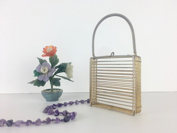1950s gold metal open cage purse - evening bag, displ… - Gem