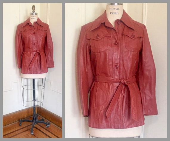 1970s Ochre Clay Leather Belted Trench Coat - western… - Gem