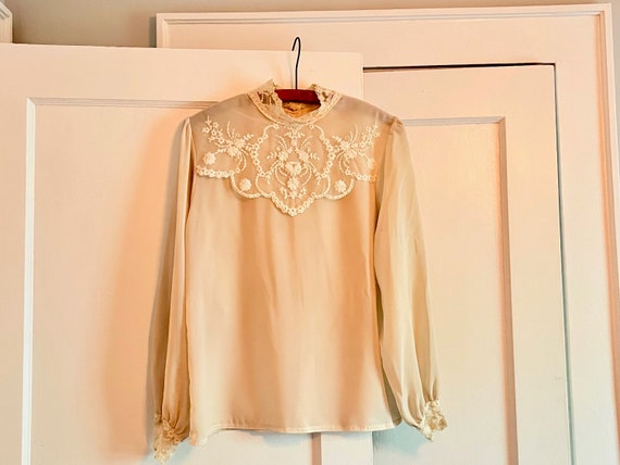 1980s Ivory Chiffon & Lace Neo-Edwardian Blouse - hig… - Gem