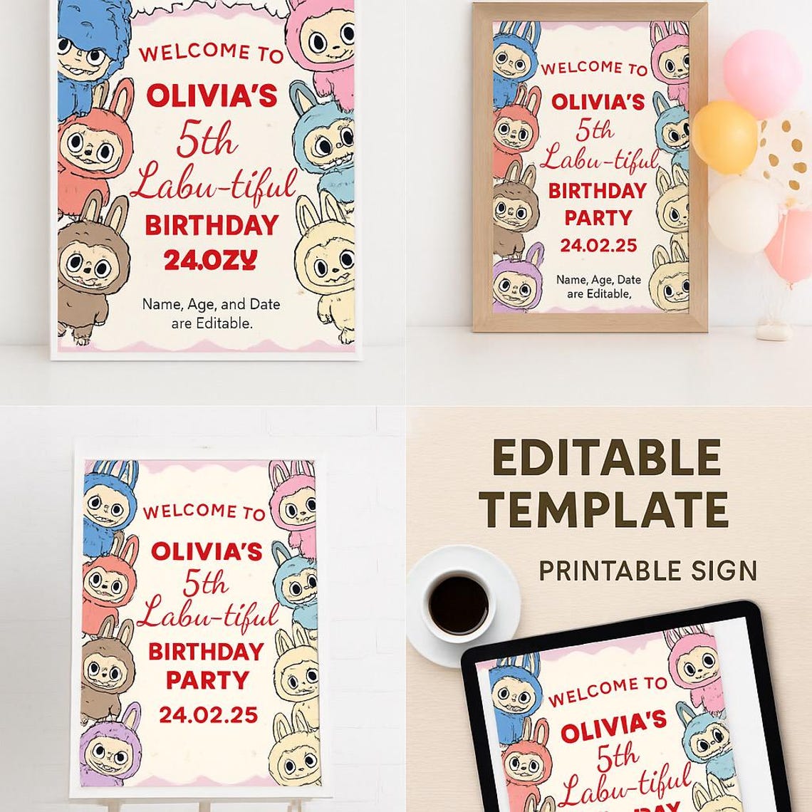 Labubu Birthday Welcome Sign A3 – Editable Printable Digital Download ...