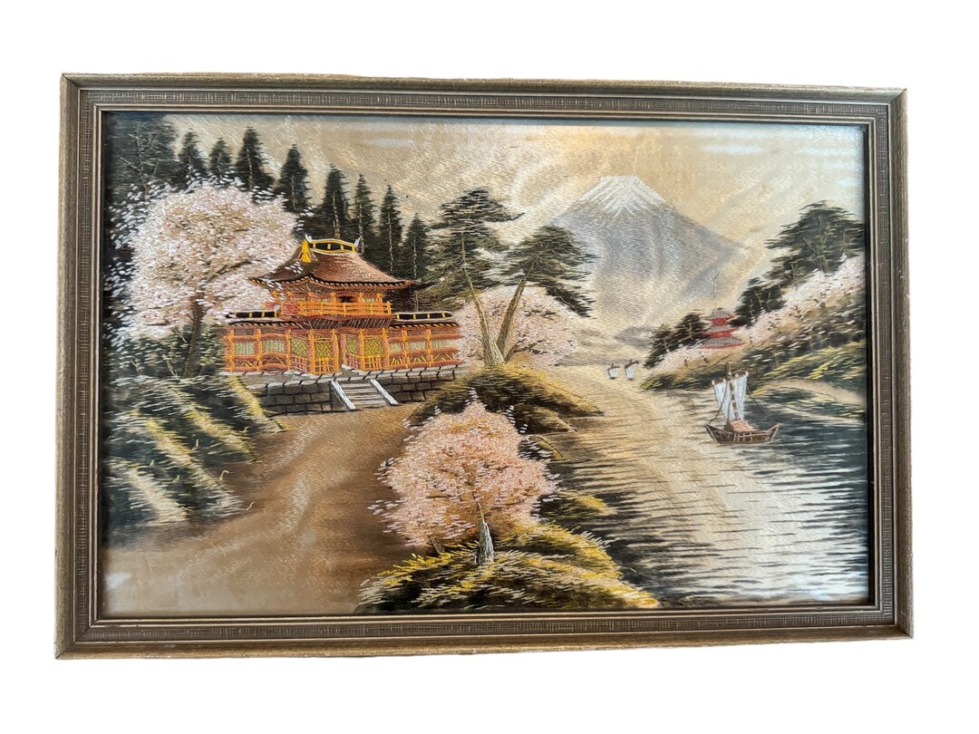 Asian Silk Thread Painting Mount Fuji Japan Landscape Temple Water ...