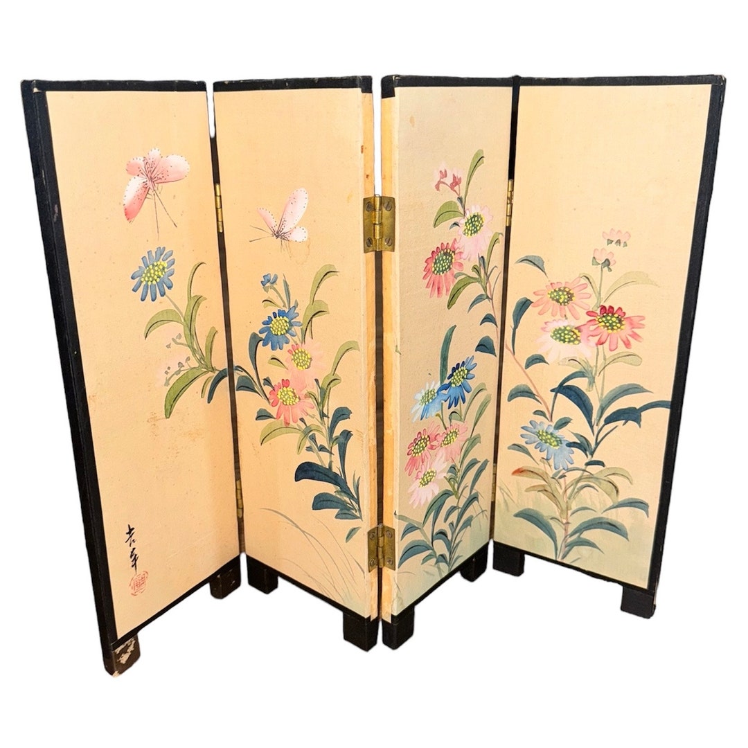 Art Japan Hand Painted 4 Panel Wood Screen Flowers Butterflies Oriental ...