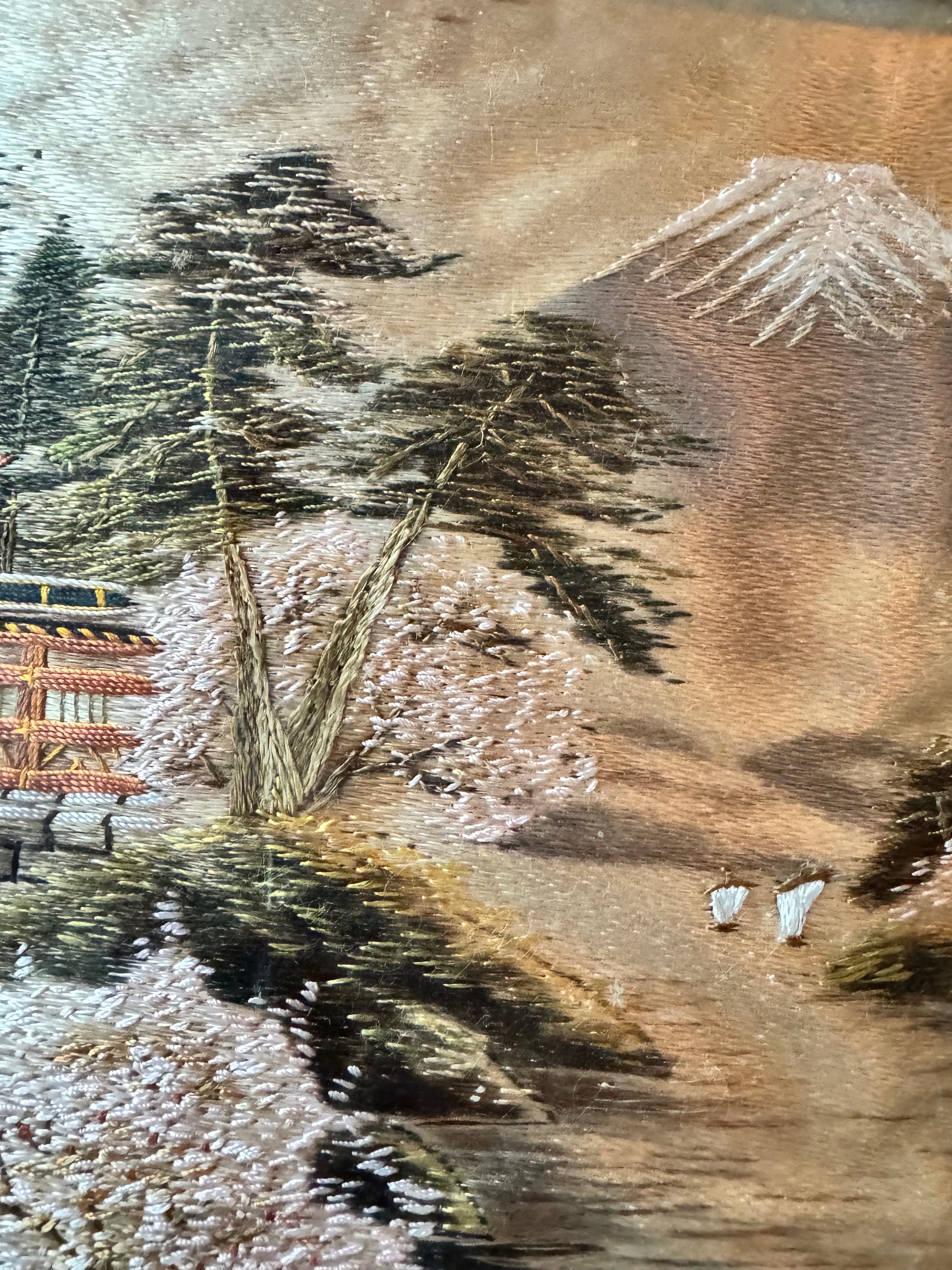 Asian Silk Thread Painting Mount Fuji Japan Landscape Temple Water ...