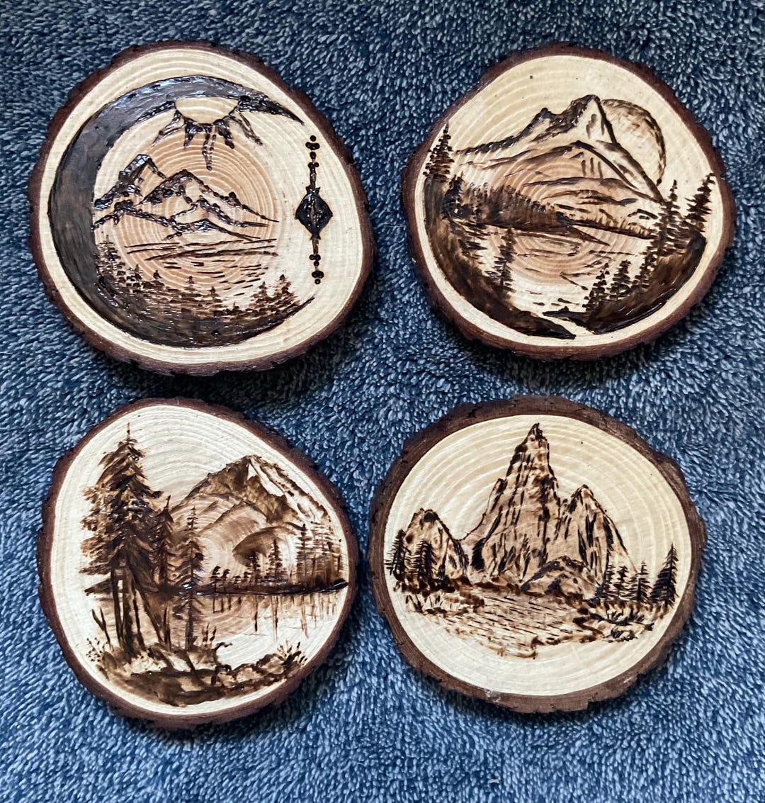 Set of 4 Wood Coasters, Mountain Scenes, Hand Burnt - Etsy