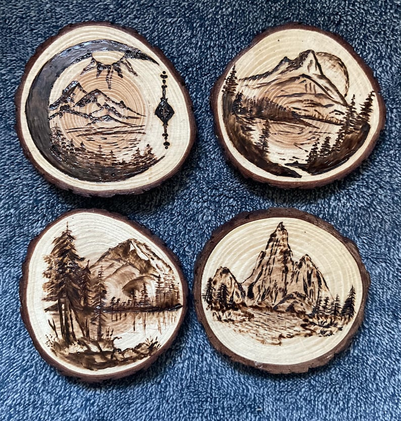 Set of 4 Wood Coasters, Mountain Scenes, Hand Burnt - Etsy