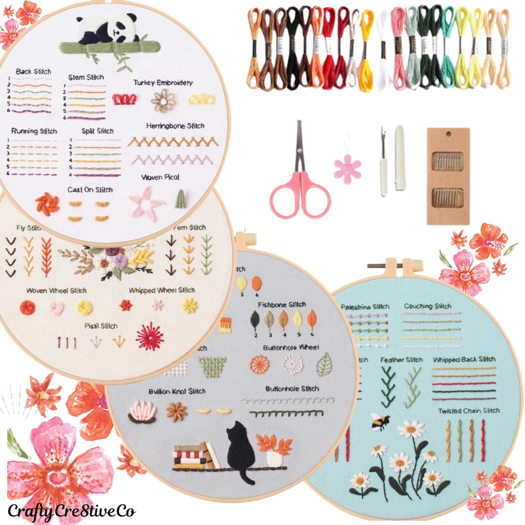 4PCS Beginner Embroidery Kit, Learn Embroidery, Embroidery Sampler Kit ...