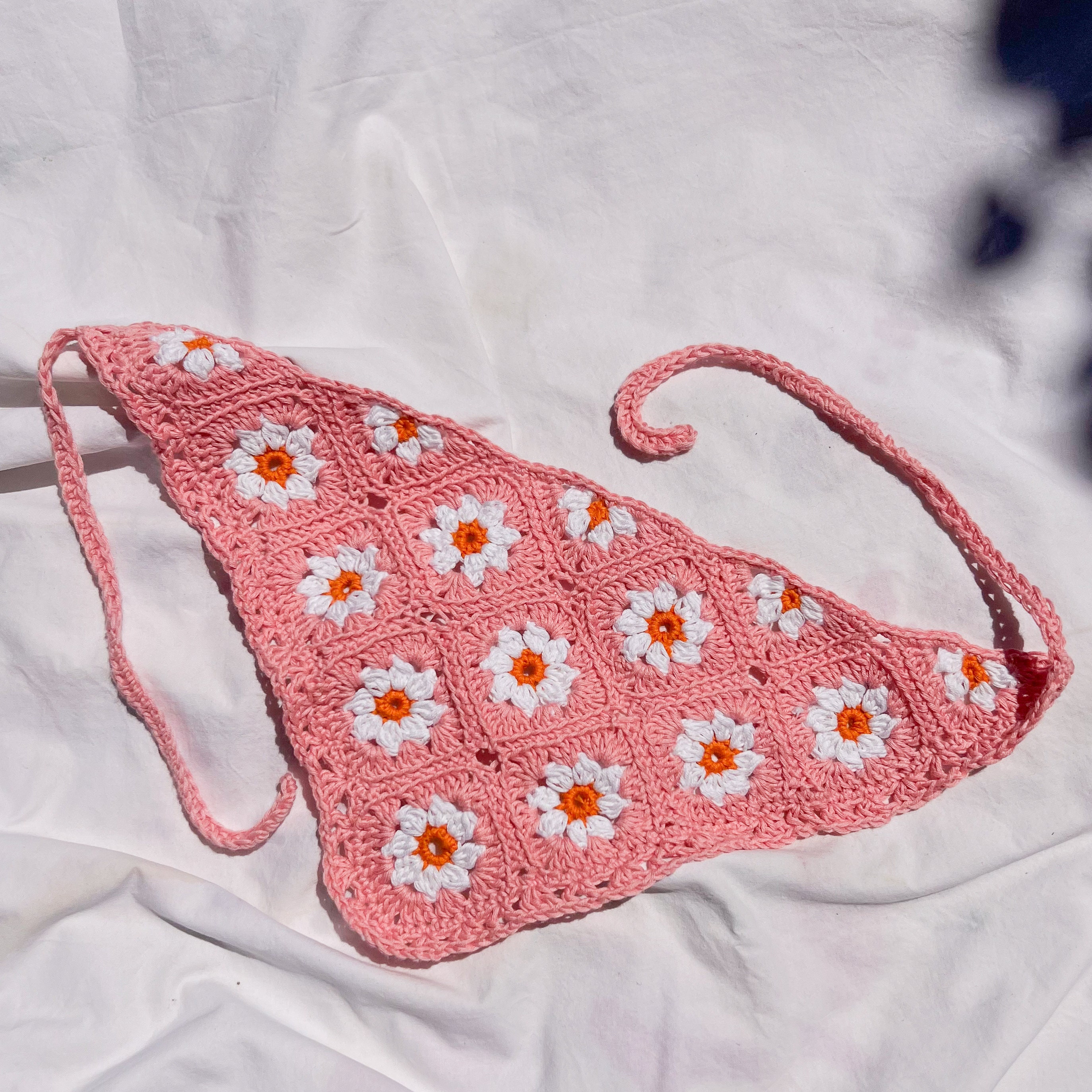 Daisy Crochet Bandana, Flower Hair Kerchief, Pink Hair Scarf, Retro ...