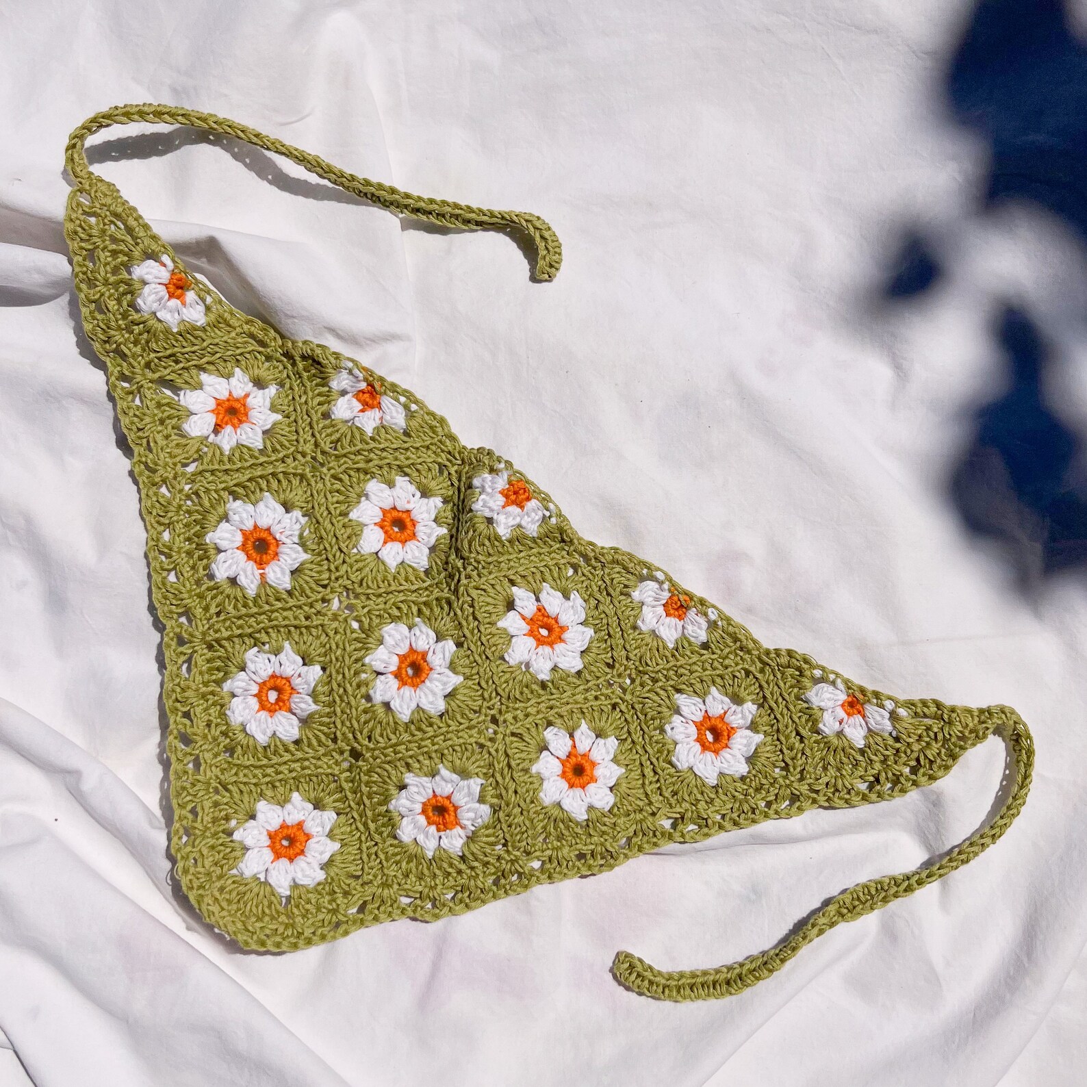 Daisy Crochet Bandana, Flower Hair Kerchief, Pink Hair Scarf, Retro ...
