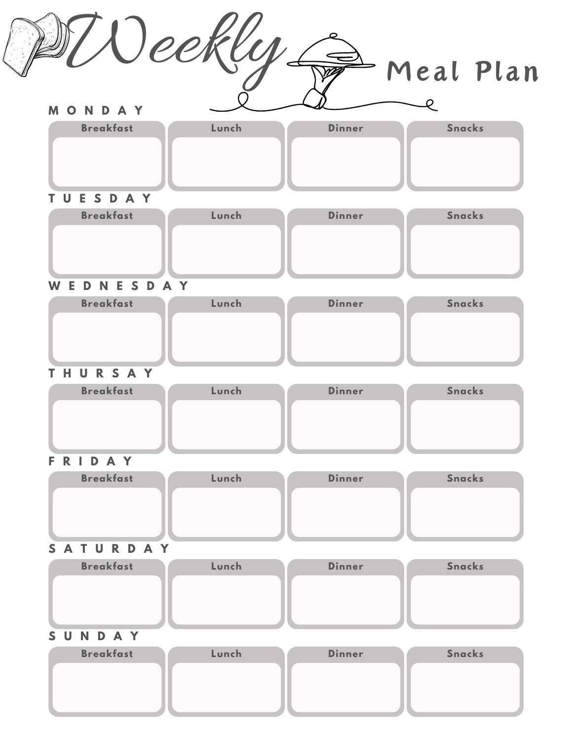 Weekly Meal Planner Sunday Monday Tuesday Wednesday Thursday Friday ...