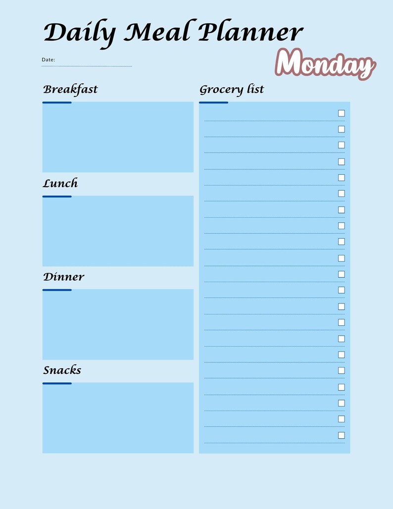 Weekly Meal Planner Daily Meal Planner Monthly Meal Planner Blue ...
