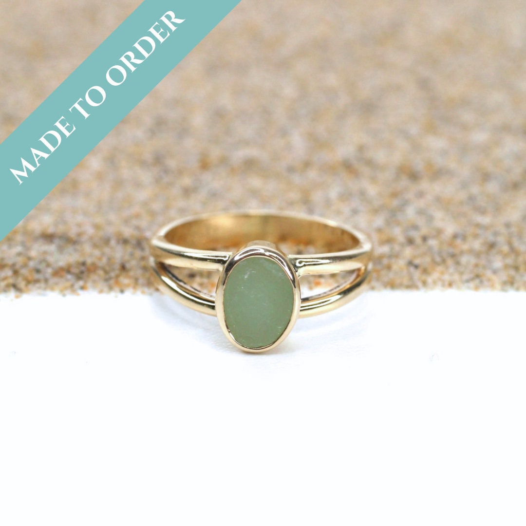 Adrift Real Sea Glass Engagement Ring | Split Band Wedding Ring, 14k ...