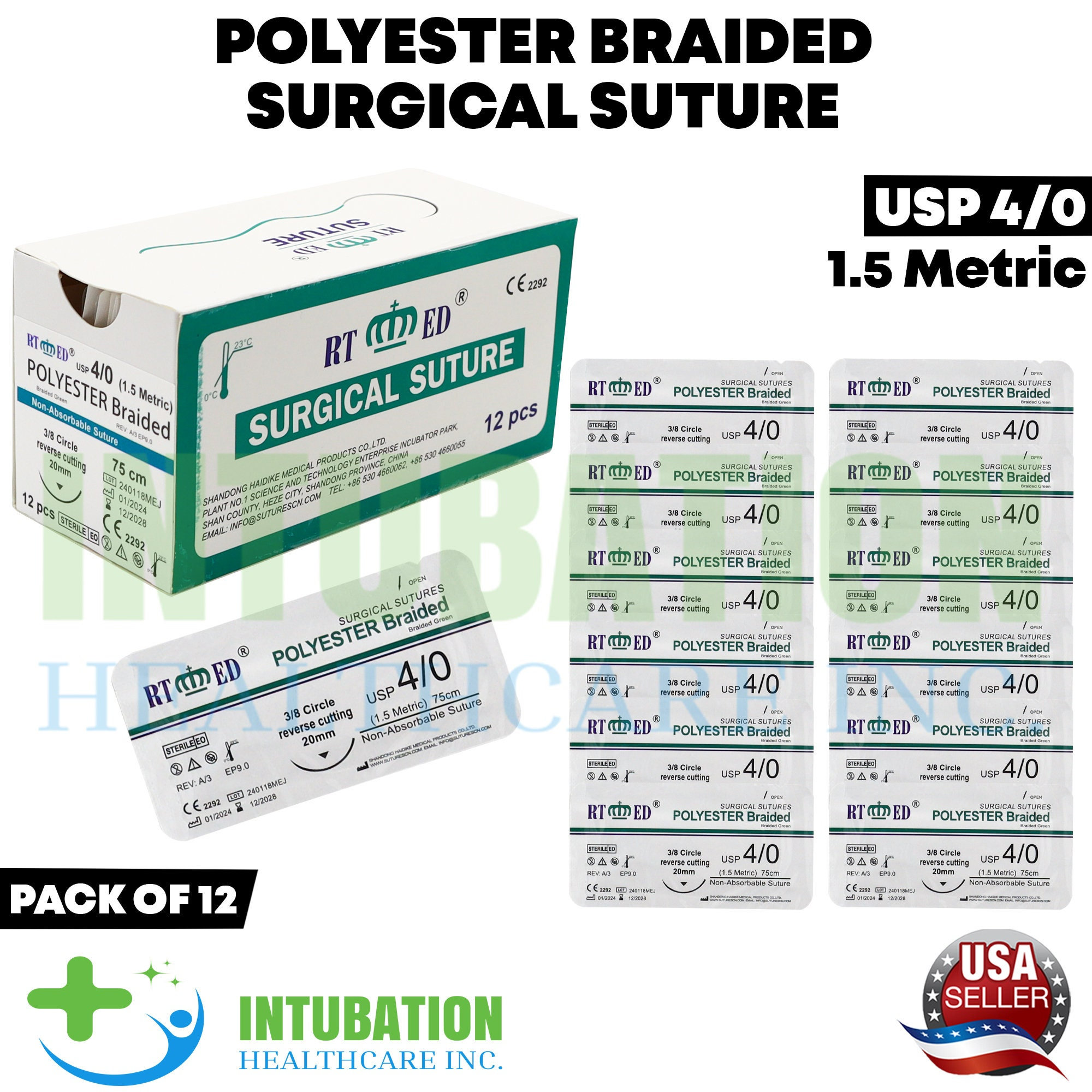 4/0 Suture Polyester Braided Thread Sterile Sutures Threads & Needle 12 ...